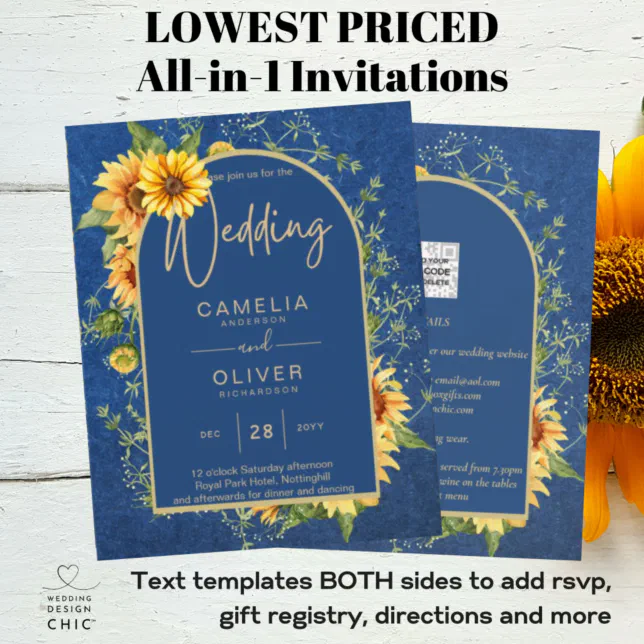BUDGET All-in-1 Rustic Sunflowers BLUE Wedding Flyer | Zazzle
