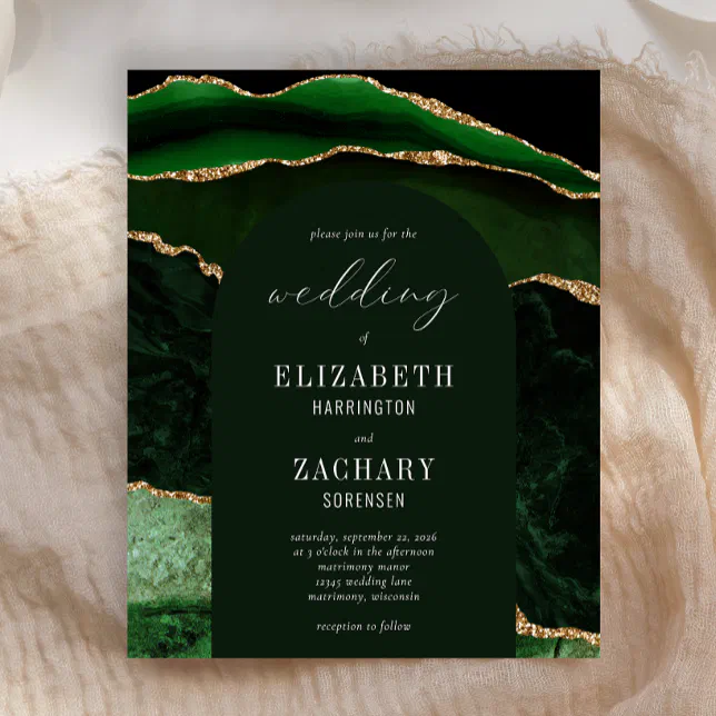 Budget Arch Hunter Green Gold Agate Wedding Invite | Zazzle