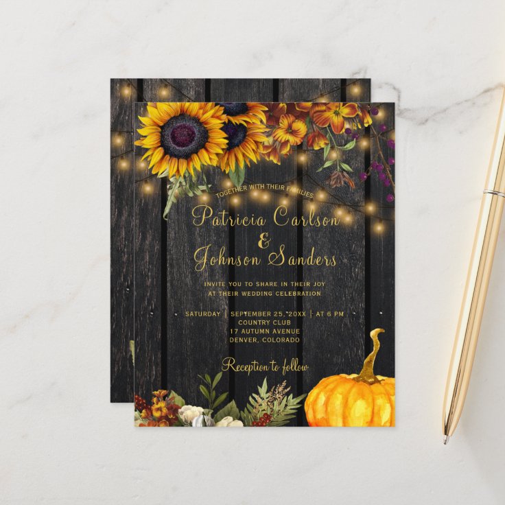 Budget autumn fall rustic wood wedding invitation | Zazzle