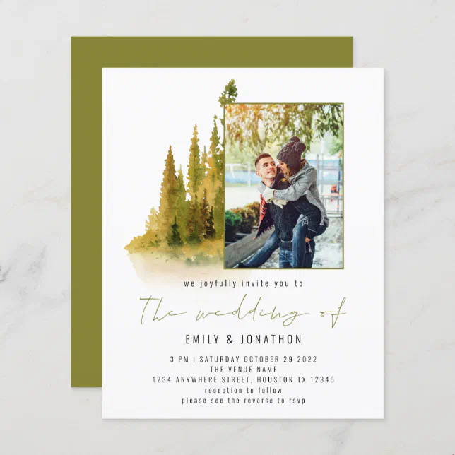 Budget Autumn Forest Photo QR Olive Wedding Invite | Zazzle