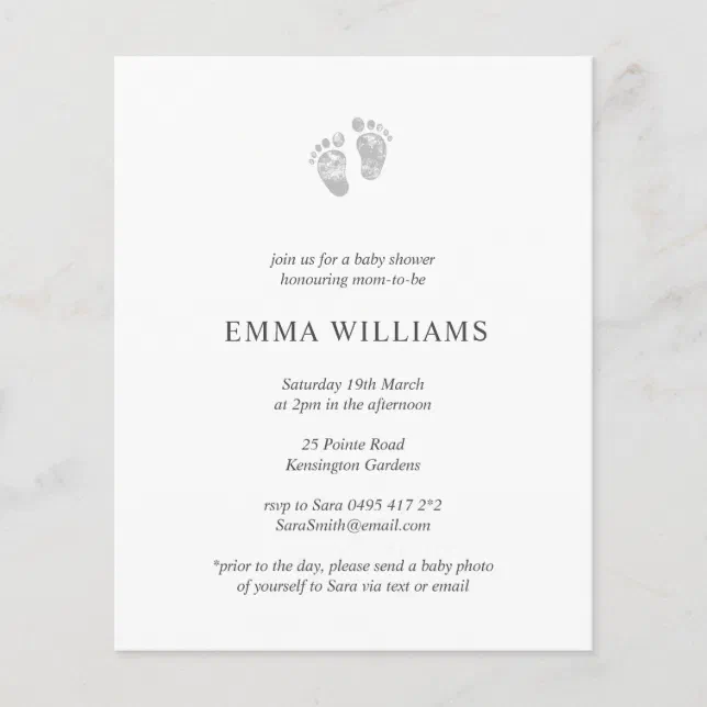 Budget Baby Shower Invitation Gray Footprint Flyer | Zazzle