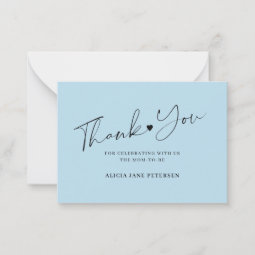 Budget baby shower script light blue thank you note card | Zazzle