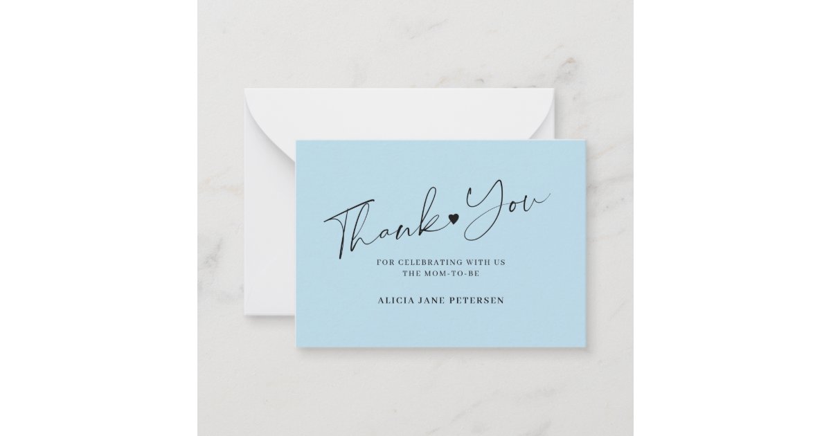 Budget baby shower script light blue thank you note card | Zazzle