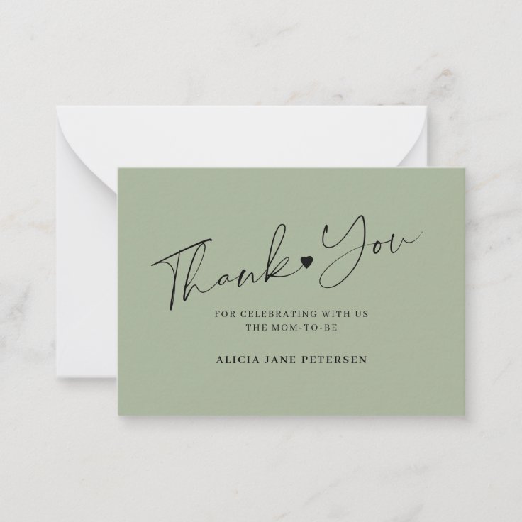 Budget baby shower script sage green thank you note card | Zazzle