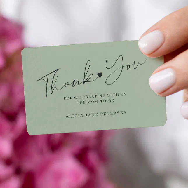 Budget baby shower script sage green thank you note card | Zazzle