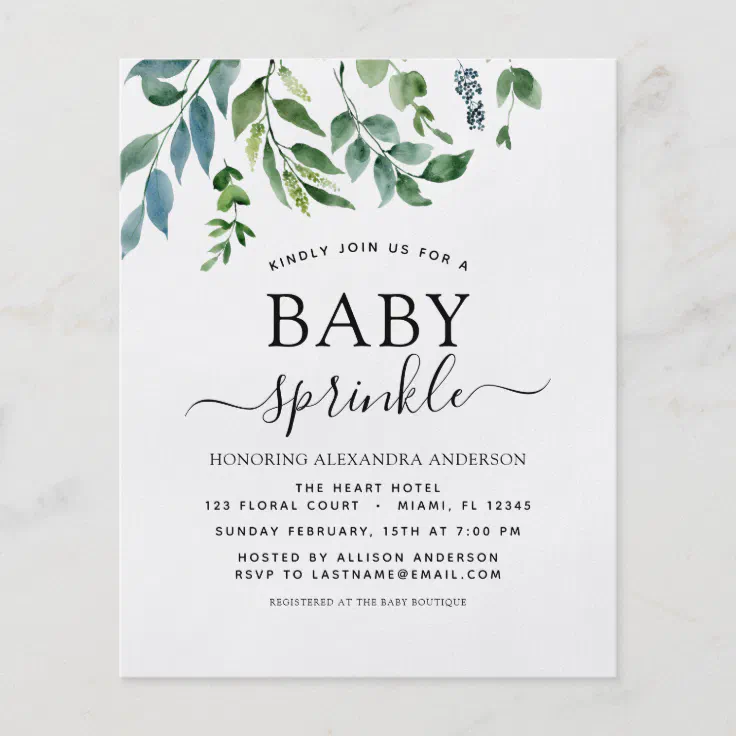 Budget Baby Sprinkle Shower Greenery Botanical Fly Flyer | Zazzle