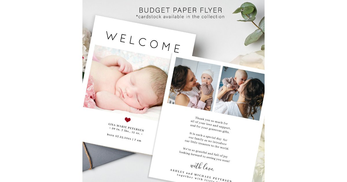 Budget baby welcome photo birth announcement flyer | Zazzle