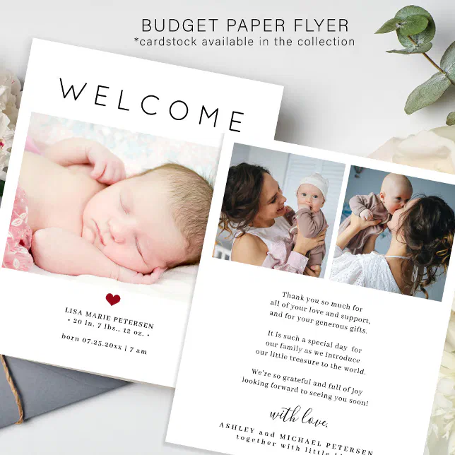 Budget baby welcome photo birth announcement flyer | Zazzle