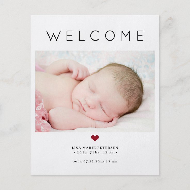 Budget baby welcome photo birth announcement flyer | Zazzle