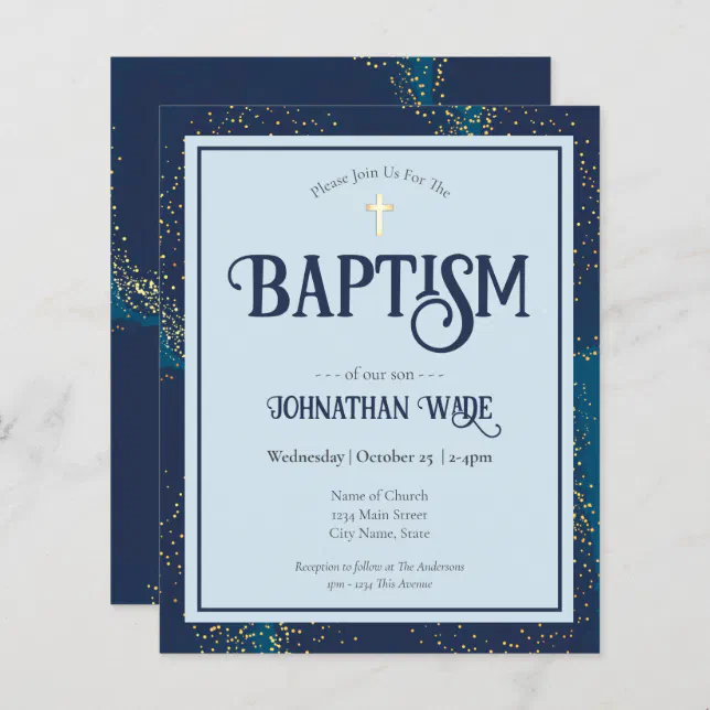 Budget Baptism Blue and Gold Cross Invitations | Zazzle