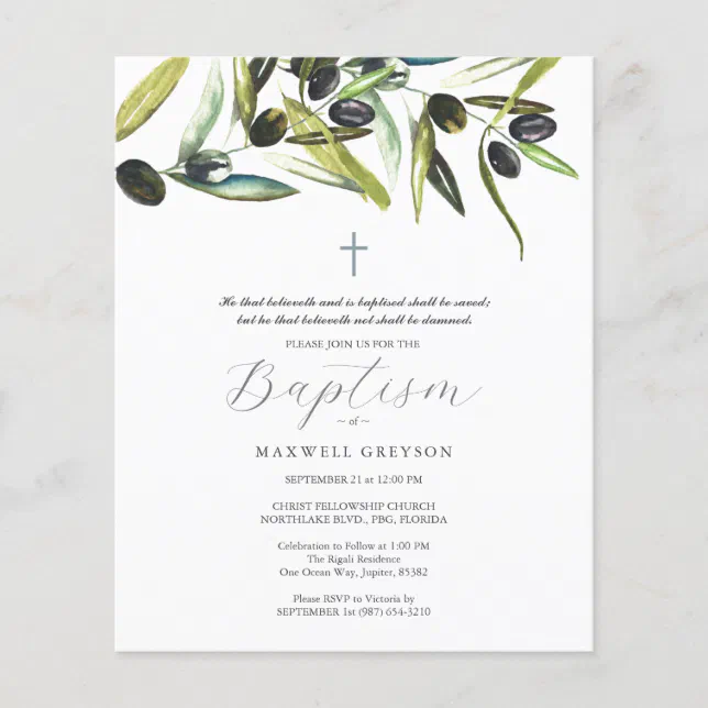 Budget Baptism Invitations Religious Olive Branch Flyer | Zazzle