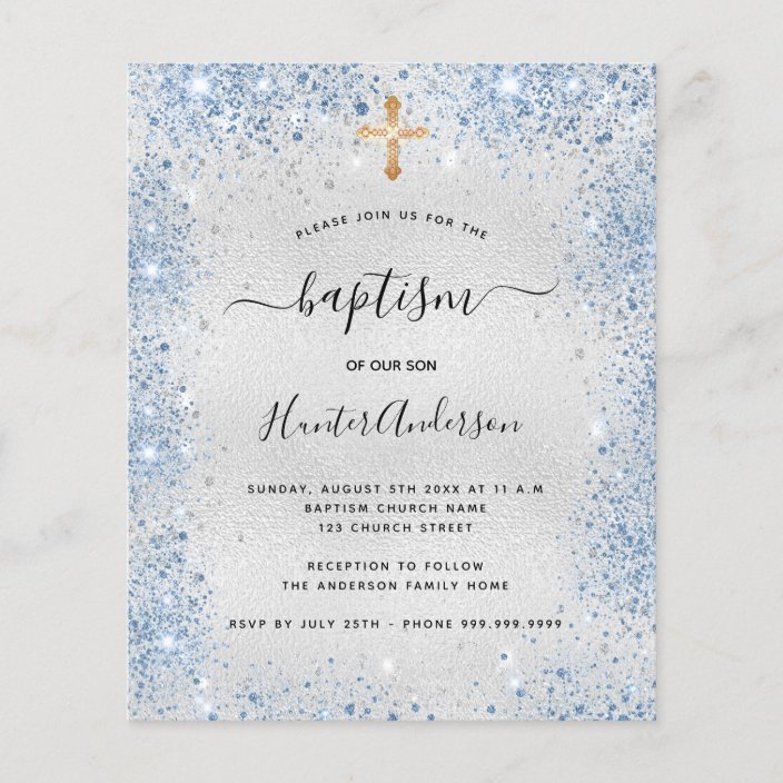 Budget baptism silver glitter blue boy invitation | Zazzle.com