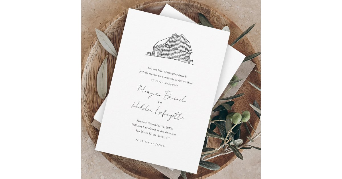 Budget Barn Sketch Rustic Wedding Invitation | Zazzle
