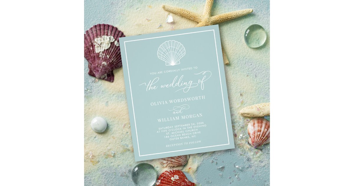 Budget Beach Seashell Wedding Invitation Sea Glass Flyer | Zazzle