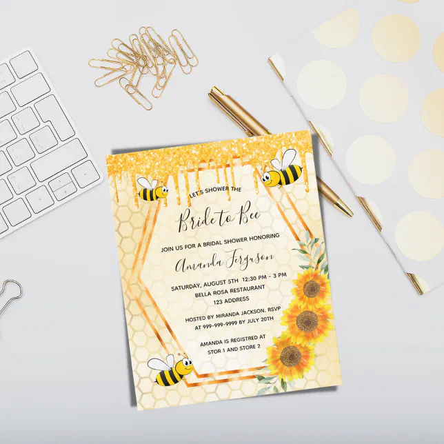 Budget Bee Bridal shower gold glitter sunflowers | Zazzle