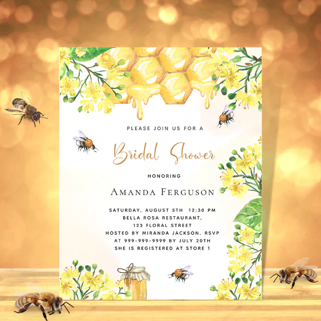 Budget Bee Bridal shower yellow floral invitation | Zazzle