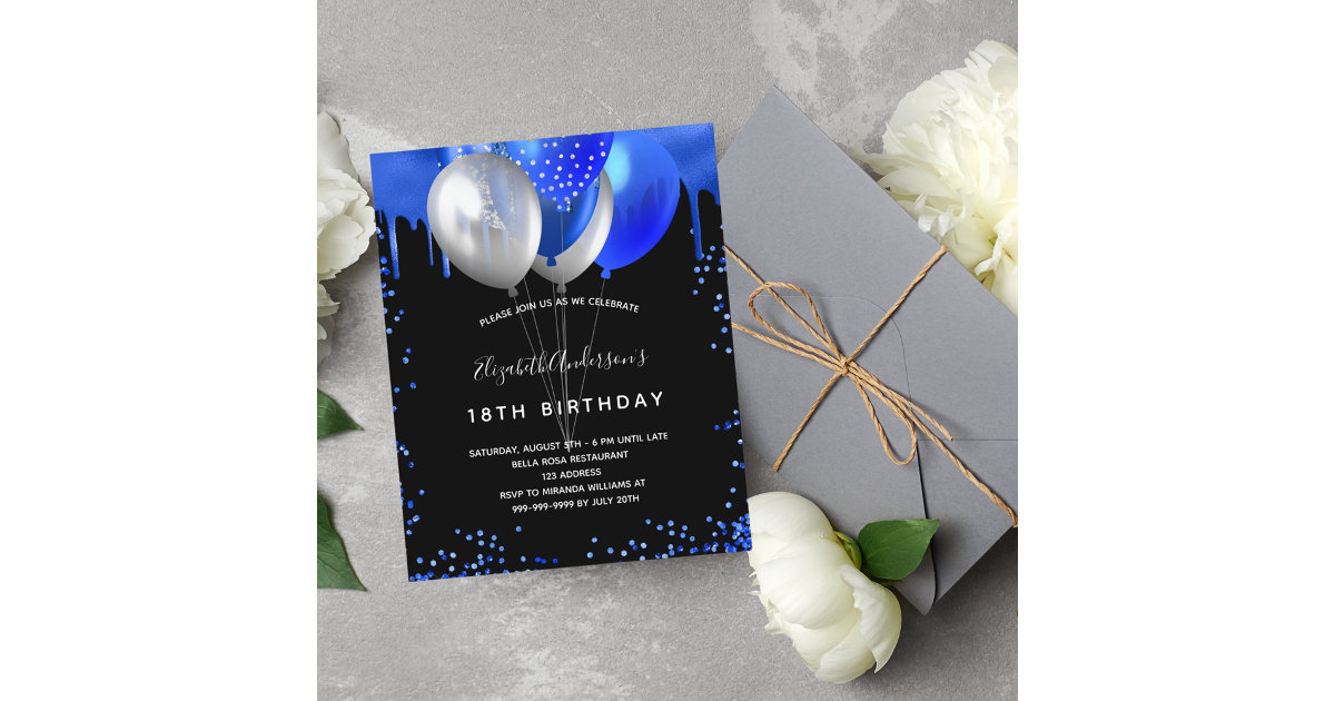 Budget birthday black royal blue invitation | Zazzle