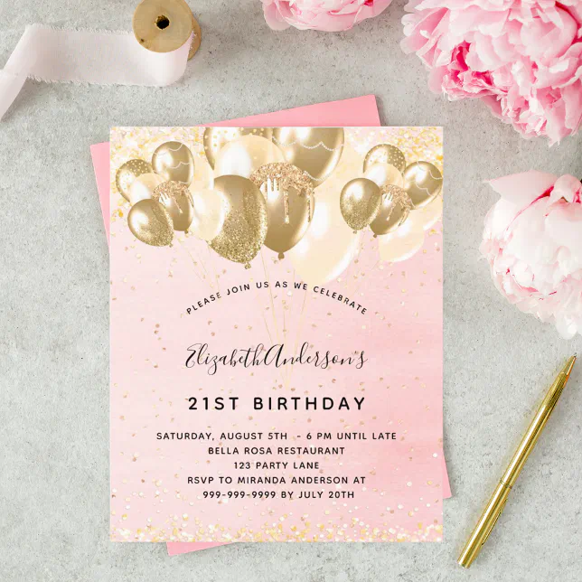 Budget birthday blush pink gold glitter balloons | Zazzle