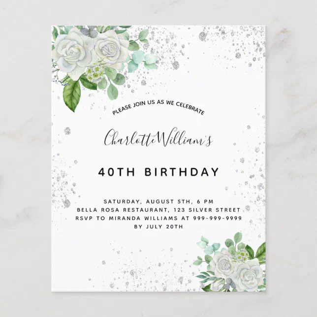 Budget birthday floral silver glitter invitation | Zazzle