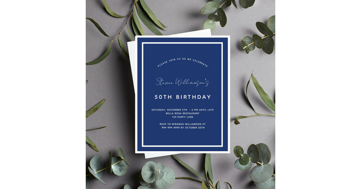 Budget birthday navy blue white invitation men | Zazzle