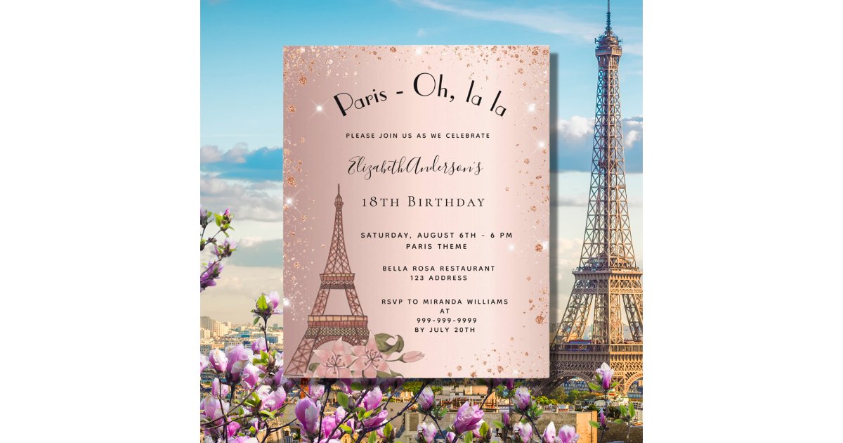 Budget birthday Paris rose gold Eiffel invitation | Zazzle