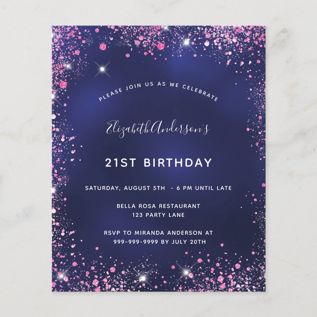 Budget birthday party navy blue pink invitation | Zazzle