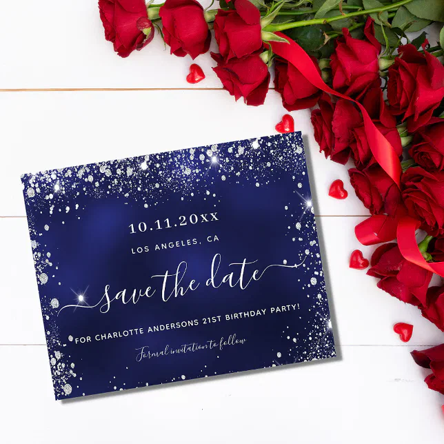 Budget birthday party navy blue silver save date | Zazzle