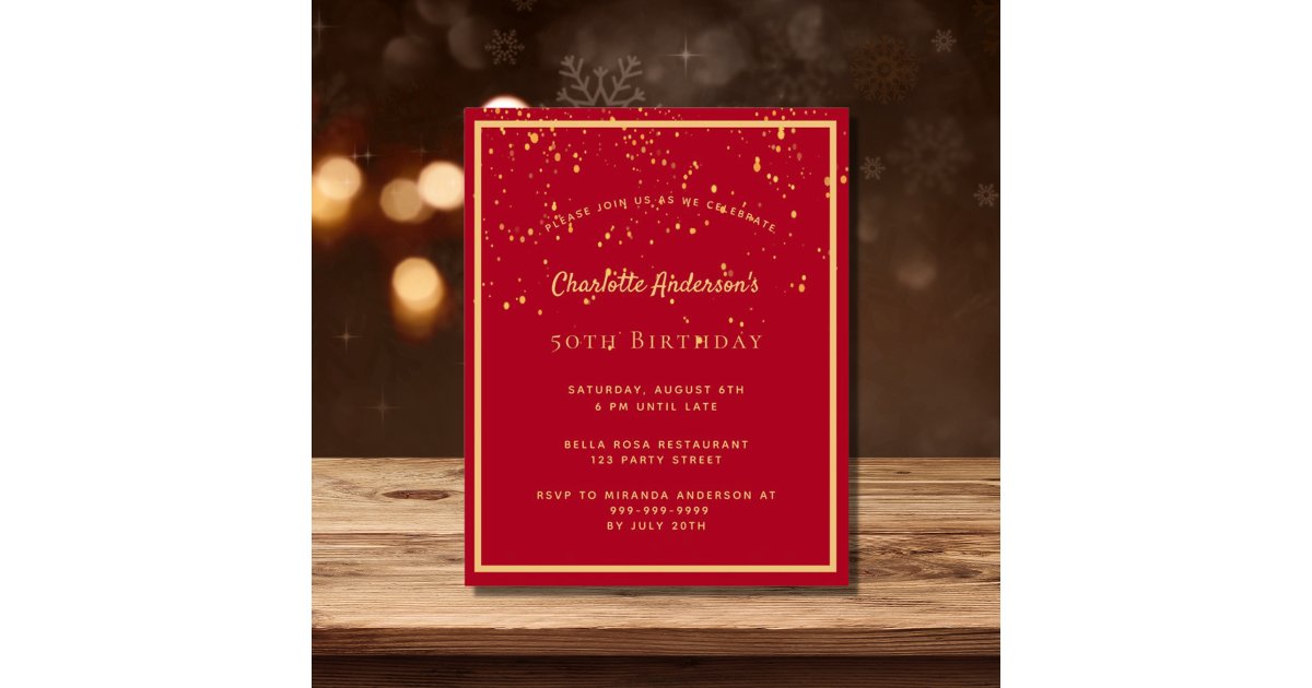 Budget birthday party red gold confetti invitation | Zazzle