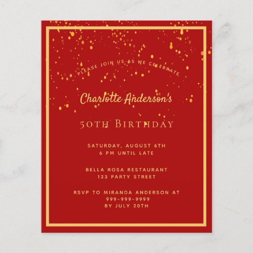 Budget birthday party red gold confetti invitation | Zazzle