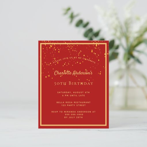 Budget birthday party red gold confetti invitation | Zazzle