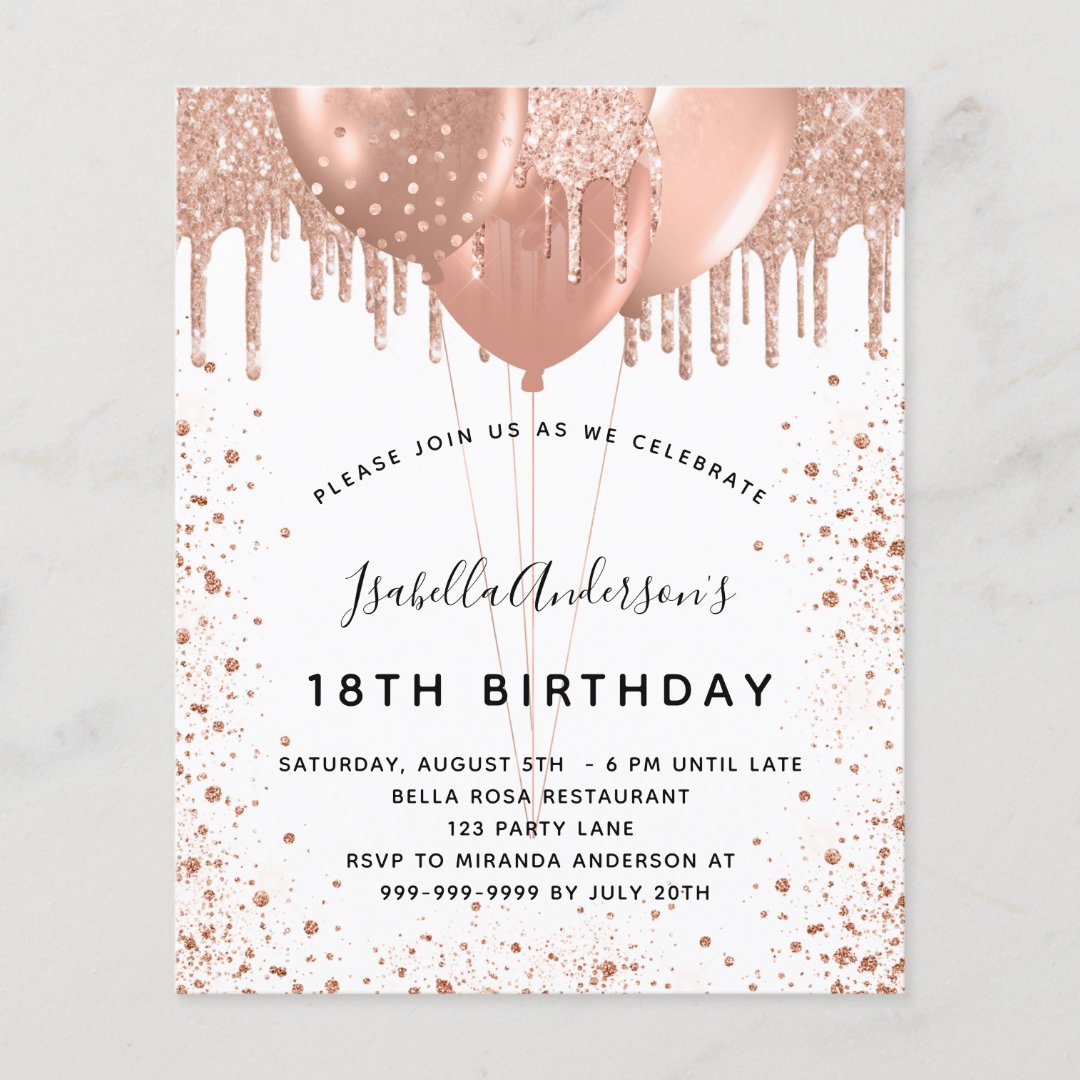 Budget birthday party rose gold glitter invitation | Zazzle