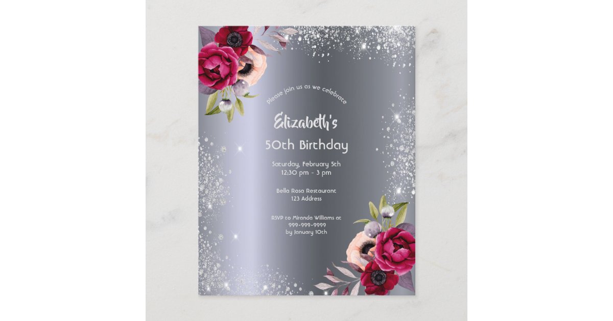Budget birthday party silver floral invitation | Zazzle