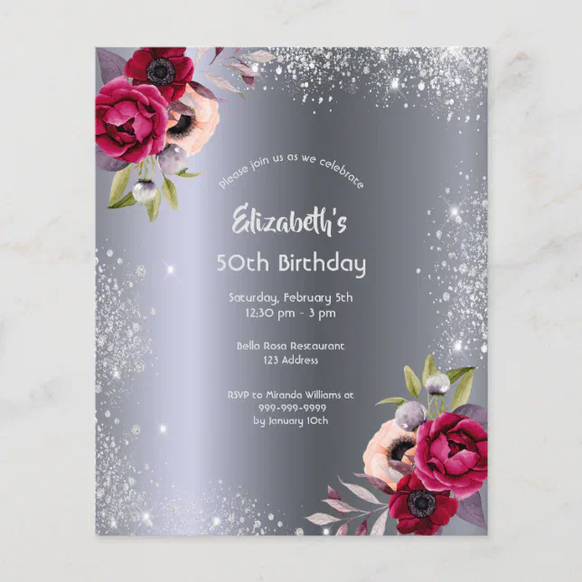 Budget birthday party silver floral invitation | Zazzle