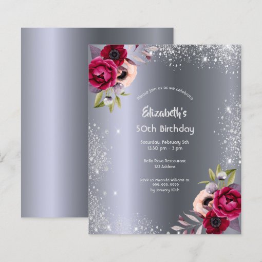 Budget birthday party silver floral invitation | Zazzle