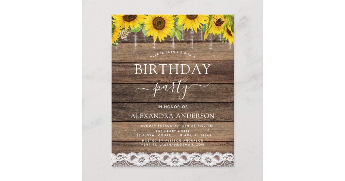 Budget Birthday Party Sunflower Rustic Invitation Flyer | Zazzle