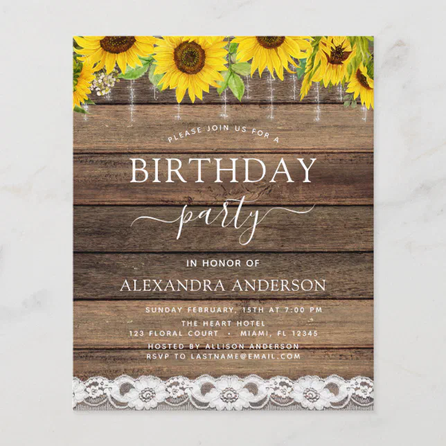 Budget Birthday Party Sunflower Rustic Invitation Flyer | Zazzle