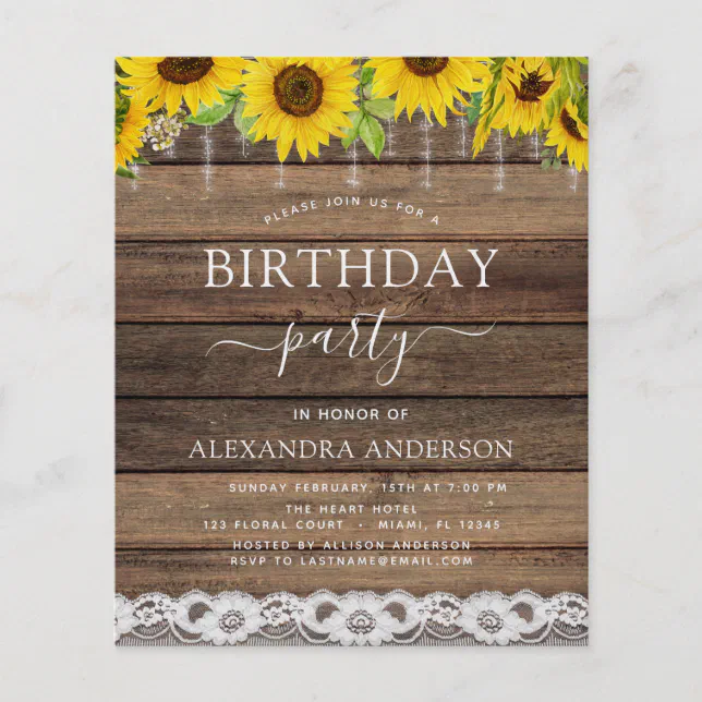 Budget Birthday Party Sunflower Rustic Invitation Flyer | Zazzle