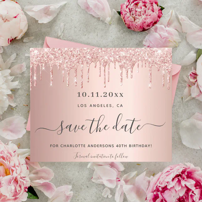 Budget birthday rose gold glitter save the date | Zazzle