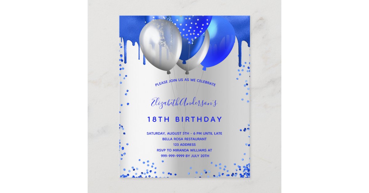 Budget birthday royal blue silver invitation | Zazzle