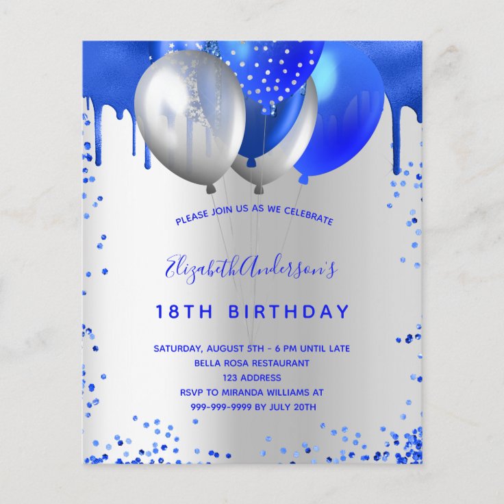 Budget birthday royal blue silver invitation | Zazzle