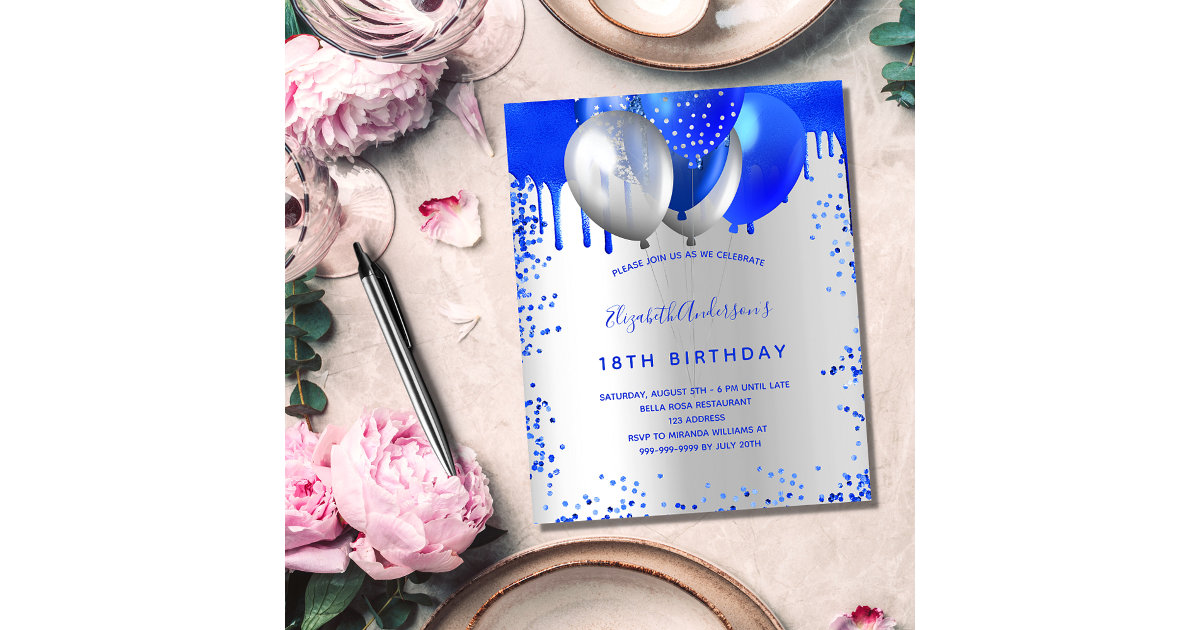 Budget birthday royal blue silver invitation | Zazzle