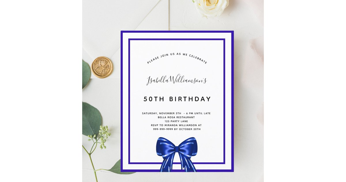 Budget birthday royal blue white bow invitation | Zazzle