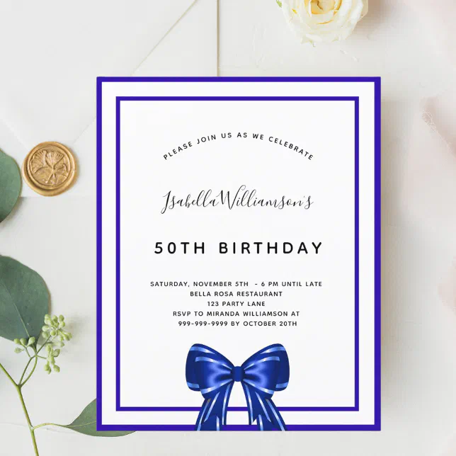 Budget birthday royal blue white bow invitation | Zazzle