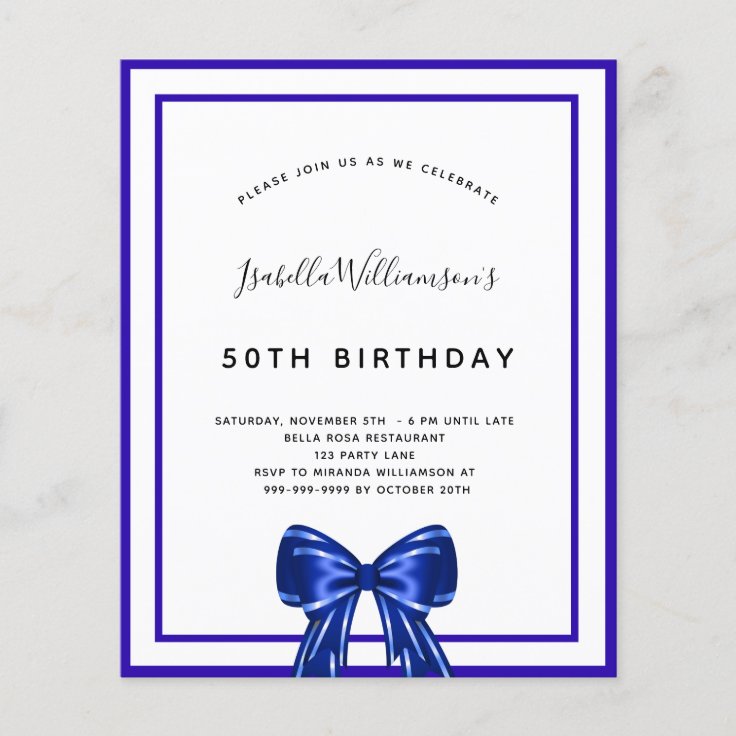 Budget birthday royal blue white bow invitation | Zazzle