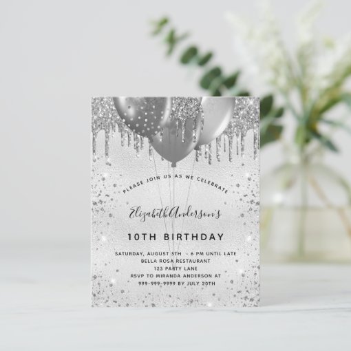Budget birthday silver glitter metal invitation | Zazzle