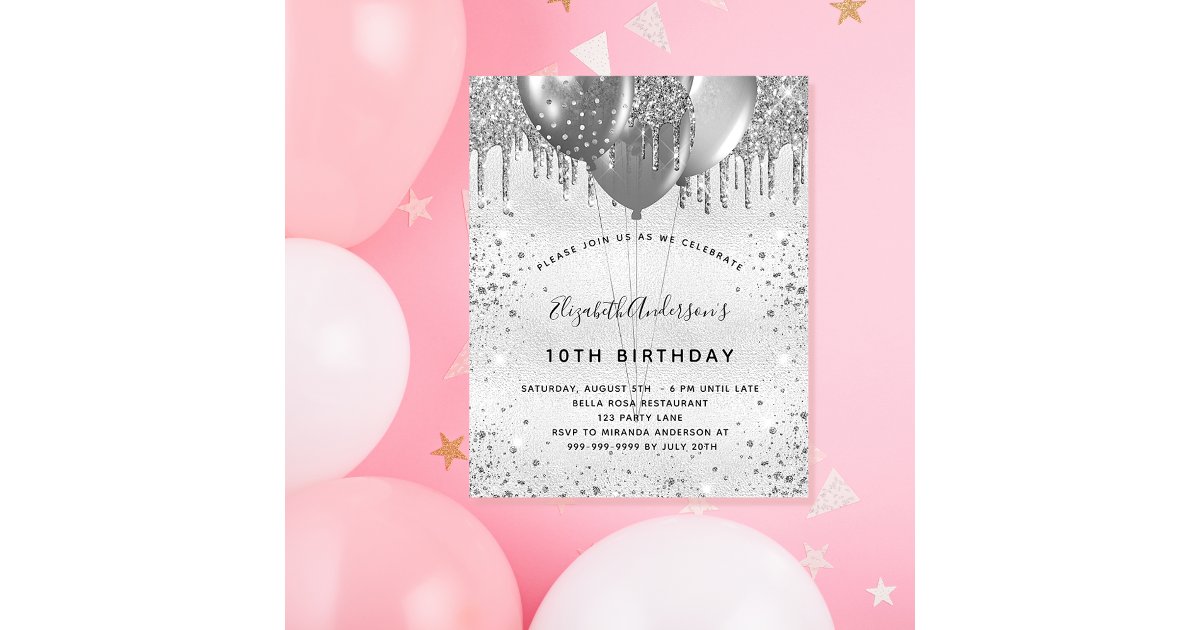 Budget birthday silver glitter metal invitation | Zazzle
