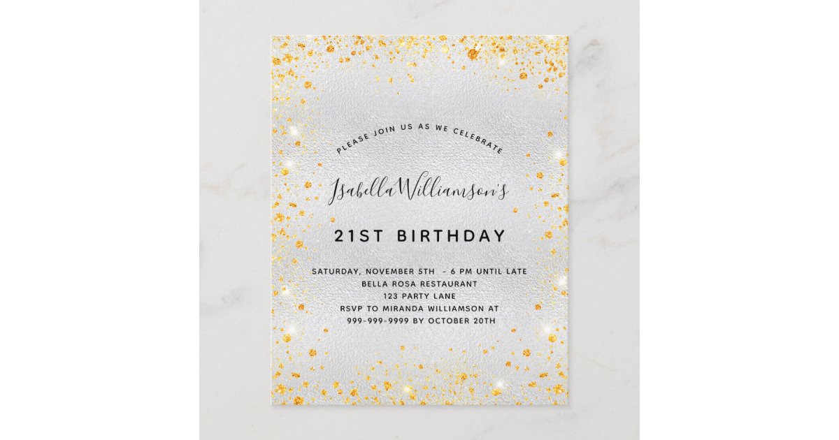 Budget birthday silver gold glitter invitation | Zazzle
