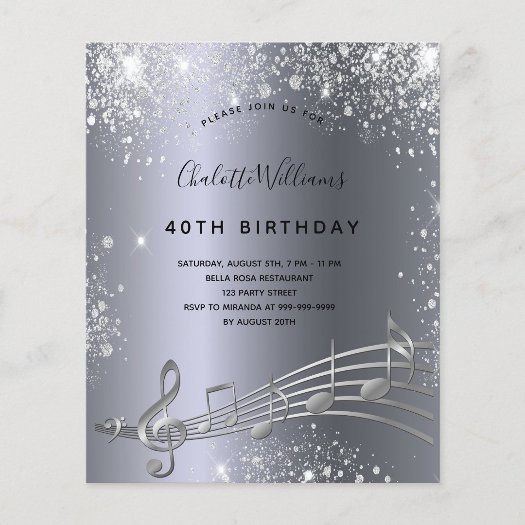 Budget birthday silver music notes metal glitter | Zazzle