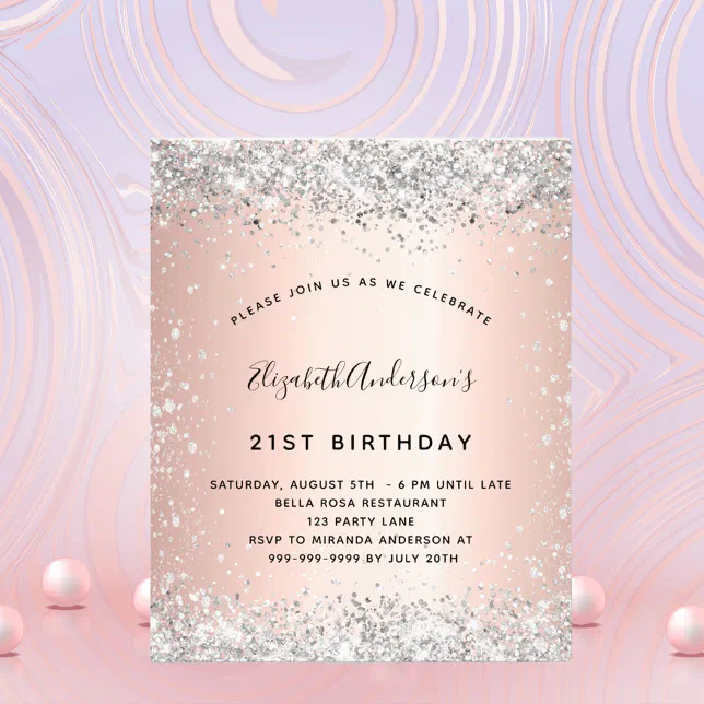 Budget birthday silver rose gold invitation | Zazzle