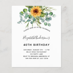 Budget birthday sunflower eucalyptus invitation | Zazzle